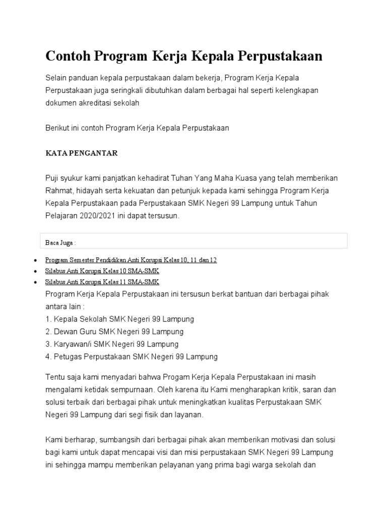 Contoh Program Kerja Kepala Perpustakaan OK | PDF