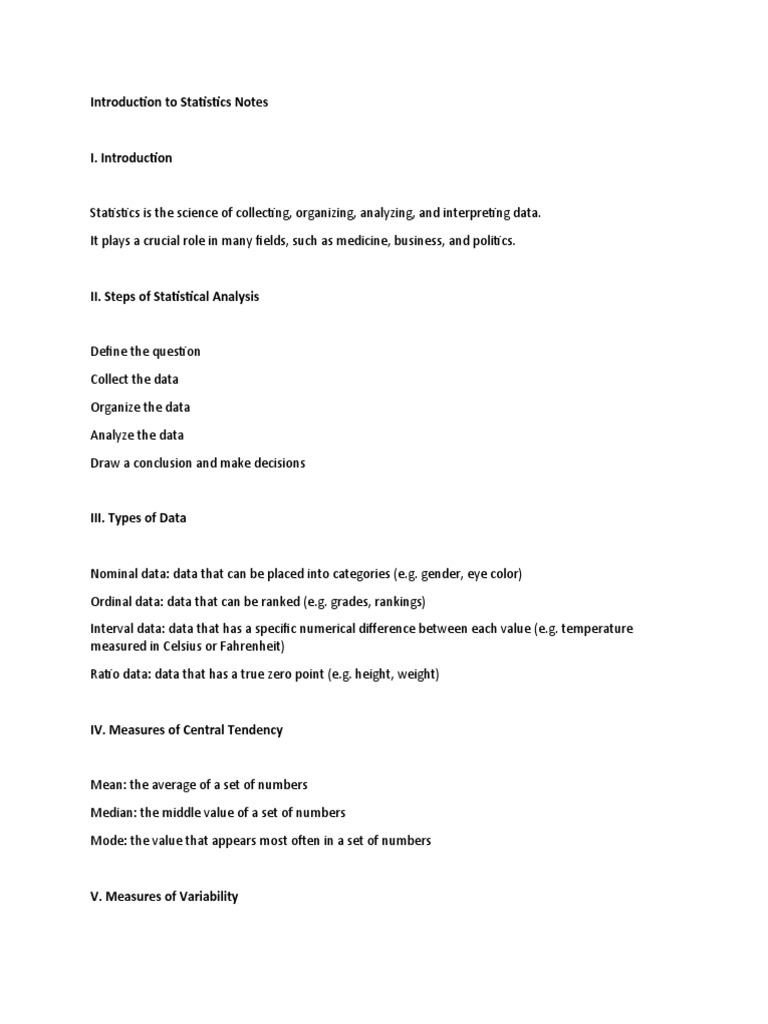 Introduction To Statistics Notes | PDF