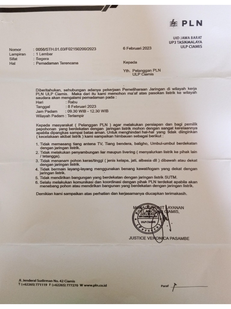 Edaran Pemadaman PLN | PDF