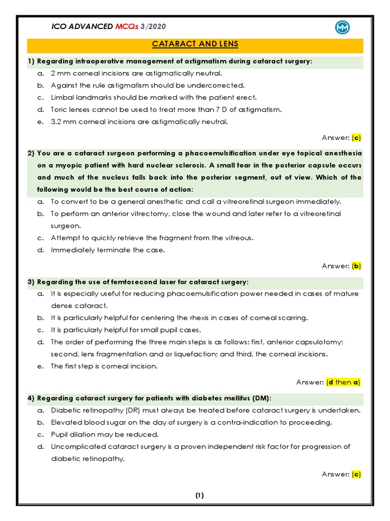ICO Advanced MCQs on Cataract Surgery | PDF | Glaucoma | Cornea