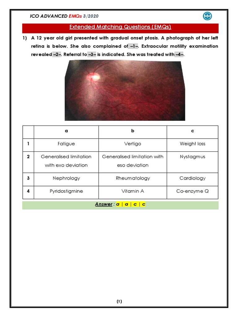 ICO Advanced 115 EMQs 2012-2020 | PDF | Glaucoma | Visual System