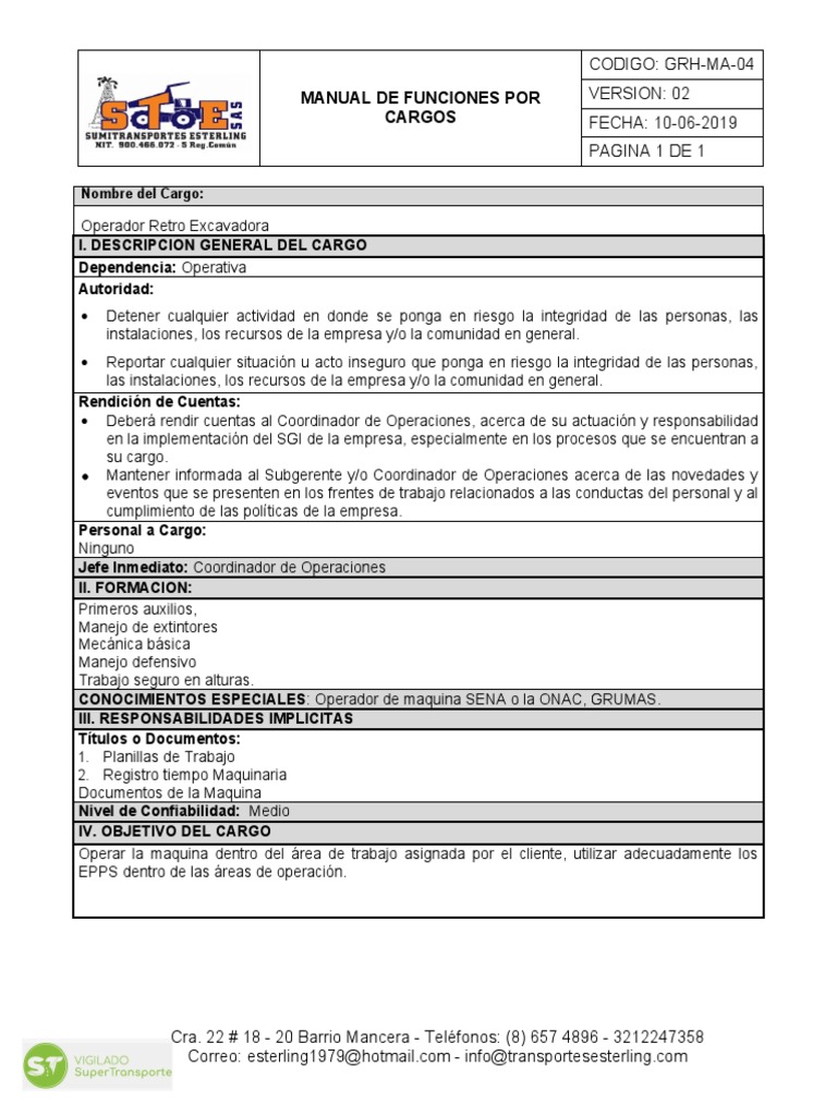 GRH-MA-04 Manual de Funciones Operador | PDF