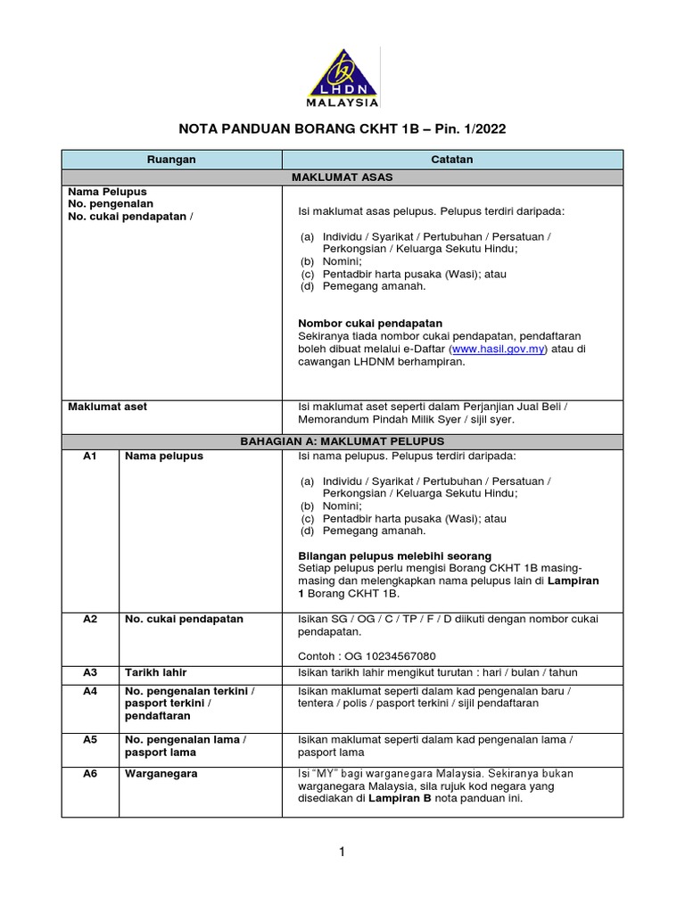 Panduan Mengisi Borang Ckht1b Pin1 2022 Pdf