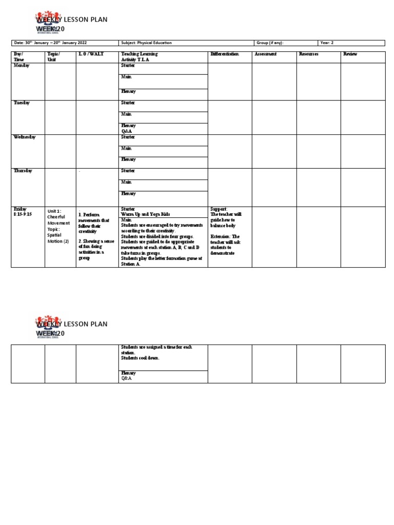 (WLP) Y2 Physical Education (Week 20-2022 - 2023) | PDF | Lesson Plan ...