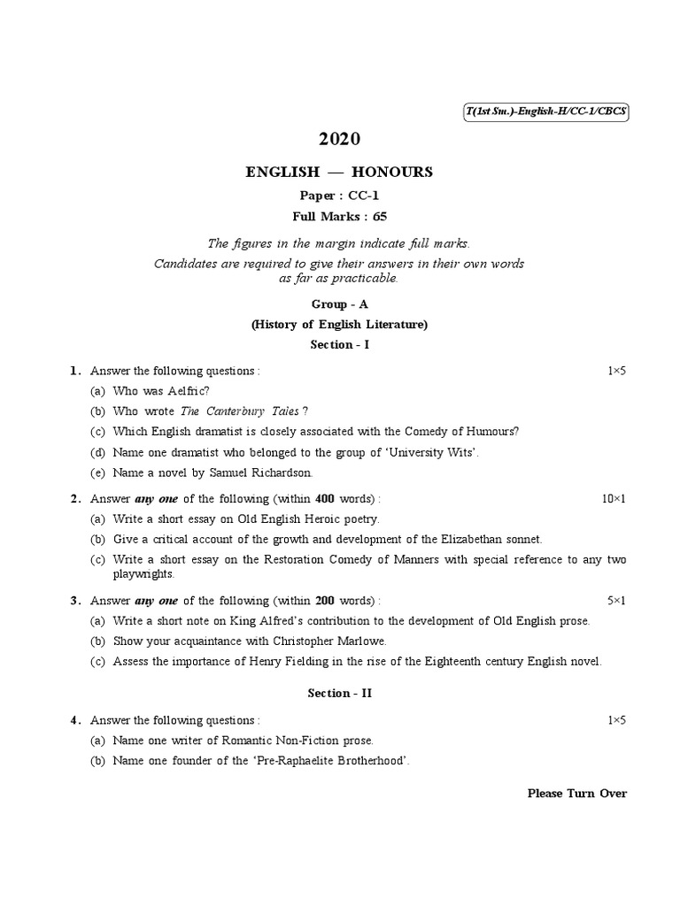 CU-2020 B.A. (Honours) English Semester-I Paper-CC-1 QP | PDF | English ...