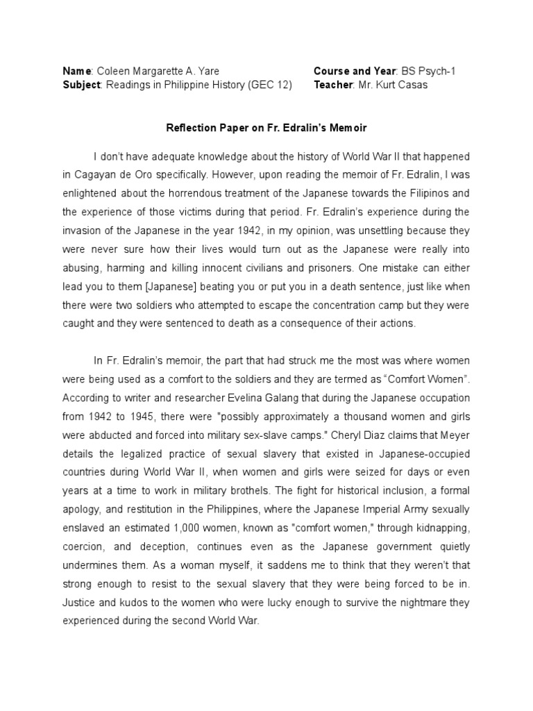 Coleen Margarette Yare - Reflection Paper On Fr. Edralin's Memoir | PDF ...