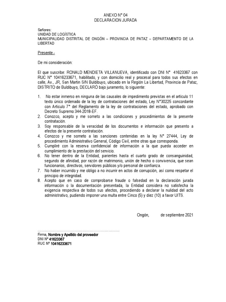 Anexo 04 - Declaracion Jurada | PDF