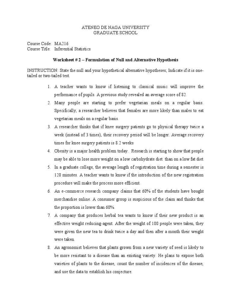 MA216 - Worksheet 2 - Null and Alt Hypothesis | PDF | Null Hypothesis | Hypothesis