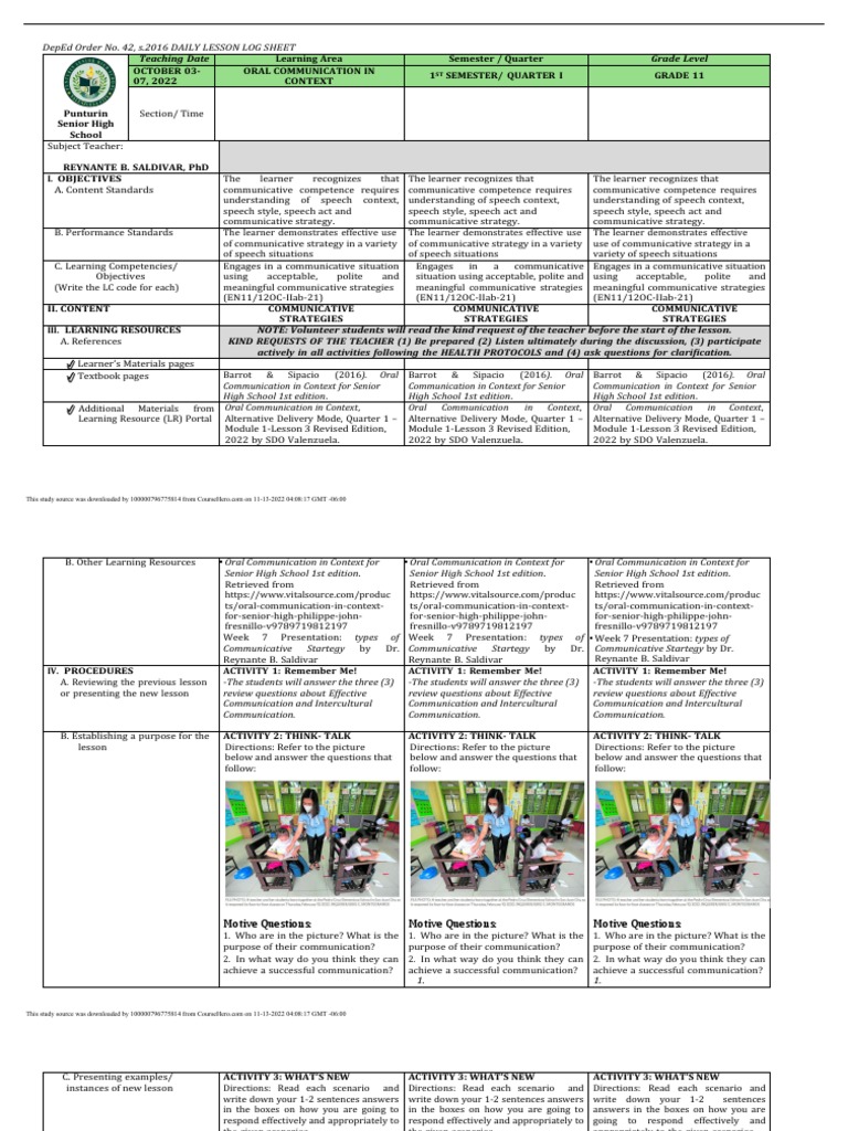 DLL Week 7 Oral Communication PDF | PDF | Learning | Teachers