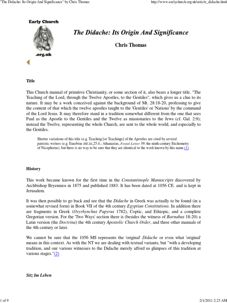 The Didache - Its Origin and Significance - by Chris Thomas | PDF