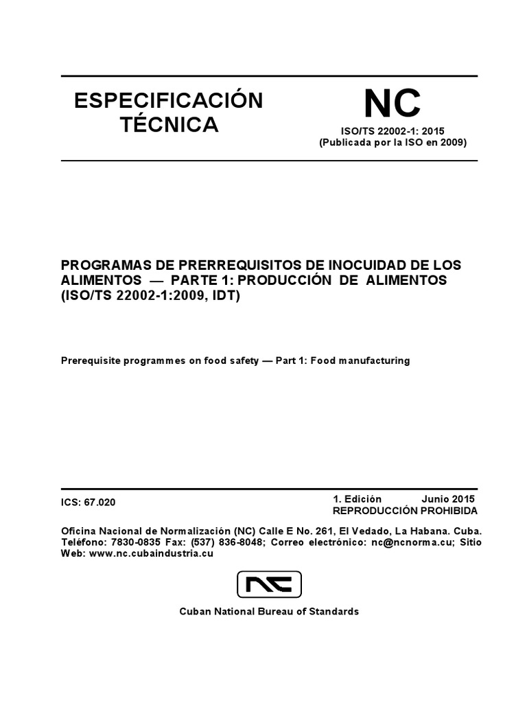 NC Iso Ts 22002-1 A2015 26p Sow | PDF | Agua | Seguridad alimenticia