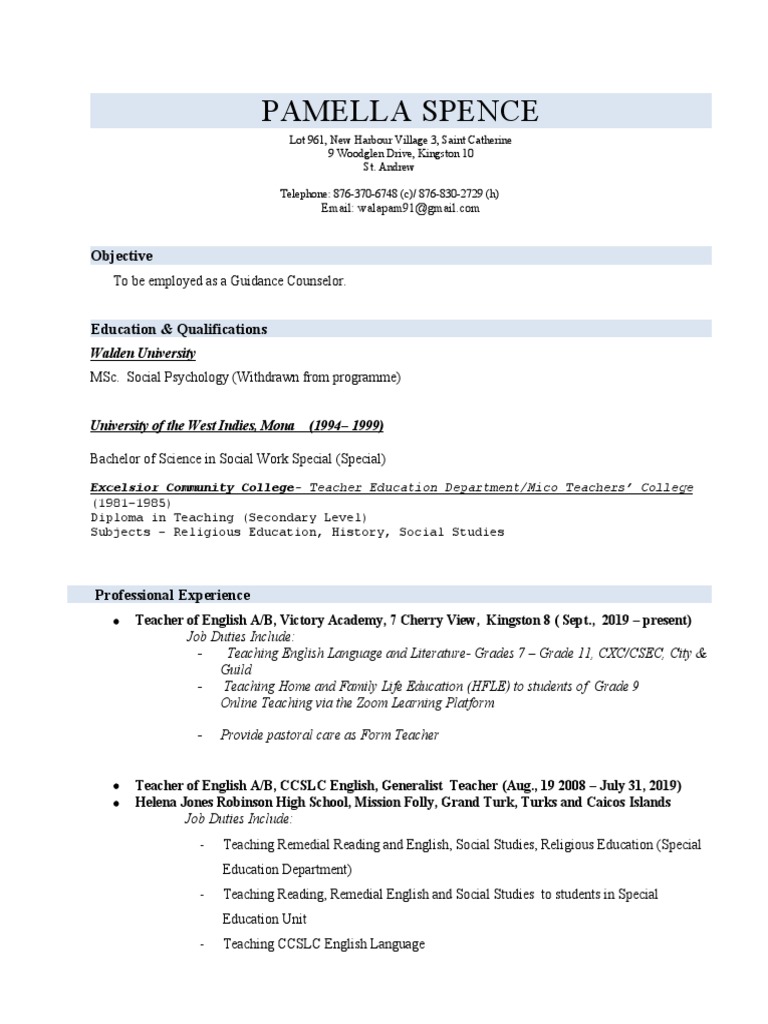 P Spence Resume | Download Free PDF | Teachers