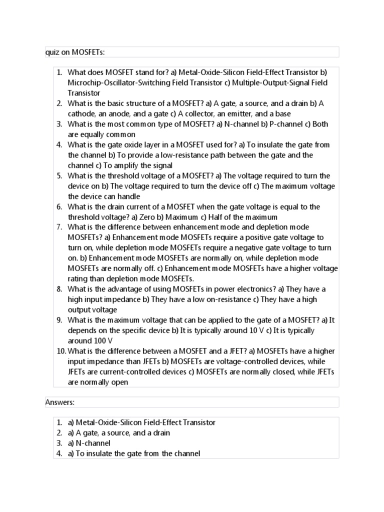 Quiz On MOSFETs | PDF | Field Effect Transistor | Mosfet