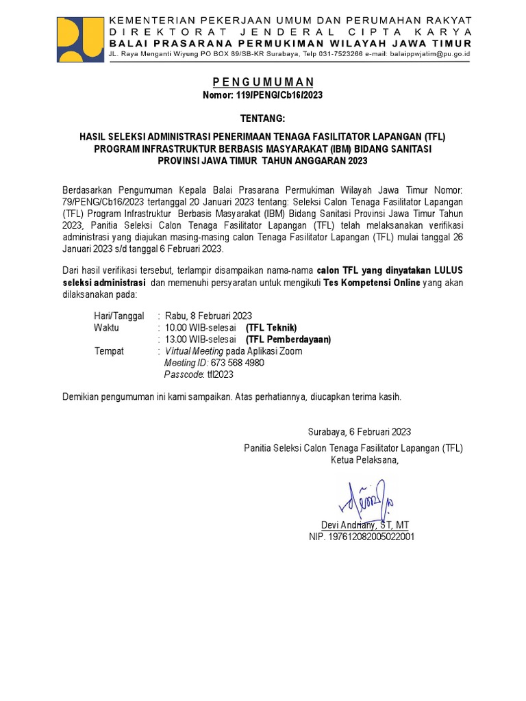 Pengumuman Hasil Seleksi Calon TFL Bidang Sanitasi TA 2023 6 Feb 2023 | PDF