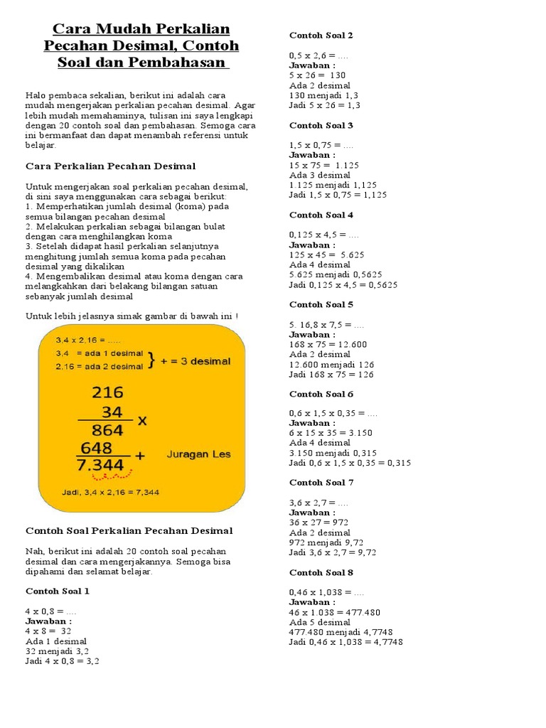 Cara Mudah Perkalian Pecahan Desimal | PDF