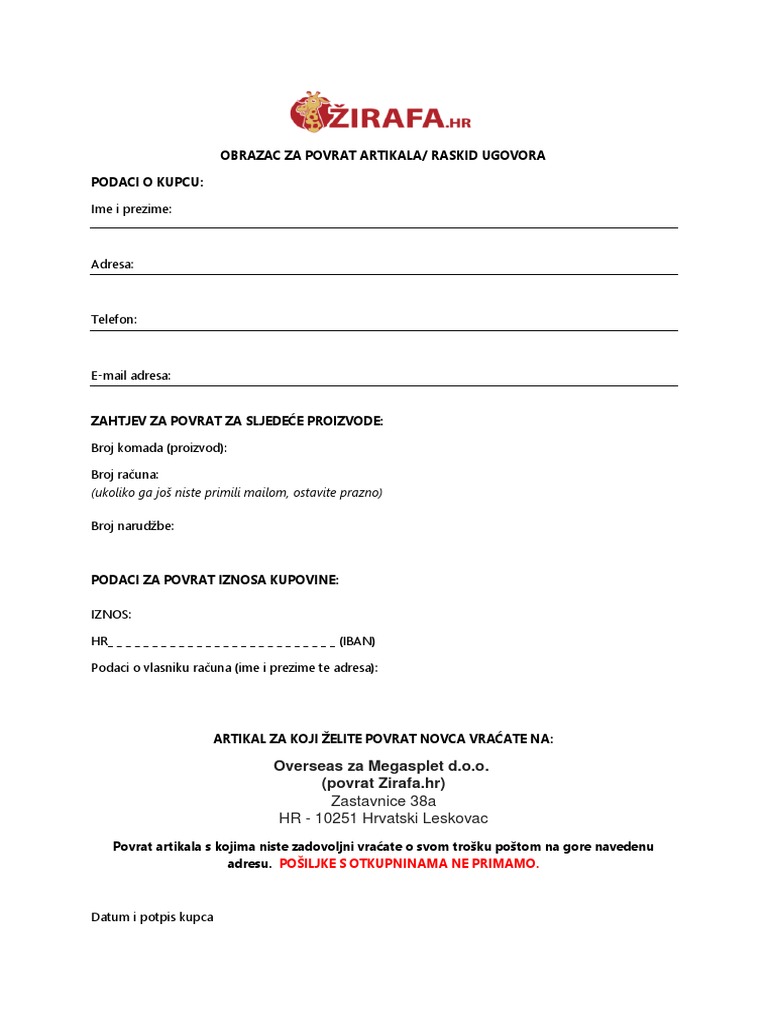OBRAZAC ZA REKLAMACIJU Zirafa | PDF
