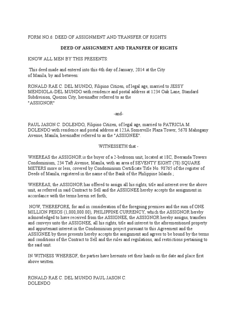 Deed of Assignment Format | PDF | Law