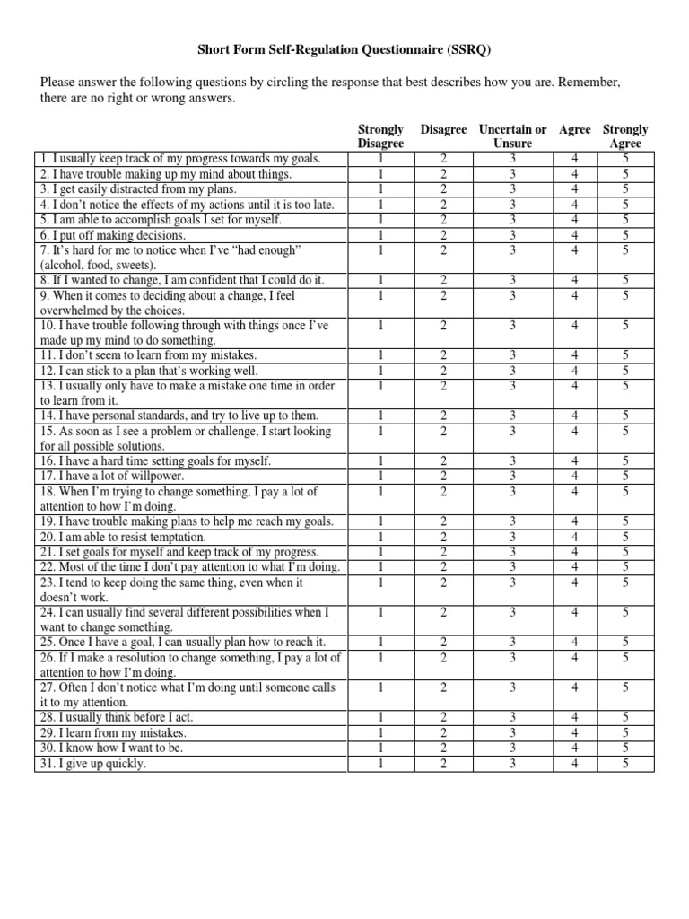 Short Form Self-Regulation Questionnaire | PDF