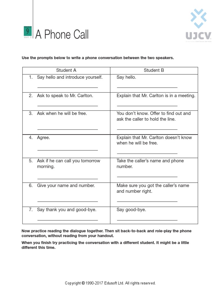 02 Basic 3 Handout Nro.9 Unit 2 A Phone Call | PDF | Language Arts ...