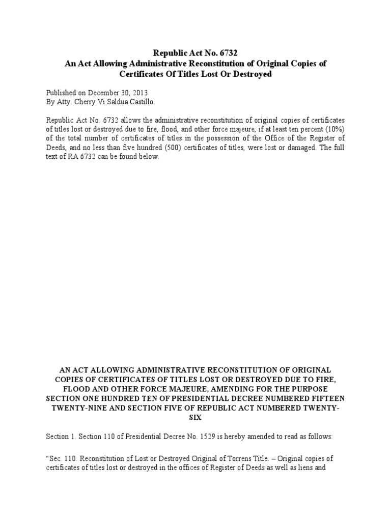 Administrative Reconstitution of Original Copies of Certificates of ...