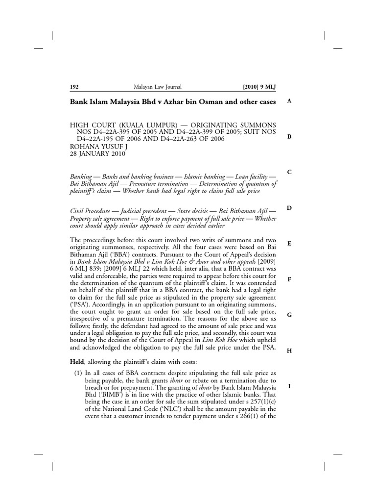 Bank Islam Malaysia BHD V Azhar Bin Osman and Other Cases, (2010) 9 MLJ ...