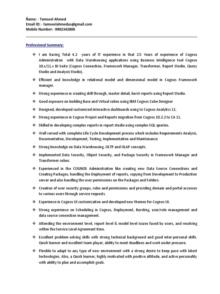 Cognos Admin Sample Resume | PDF | Data Warehouse | Information Technology