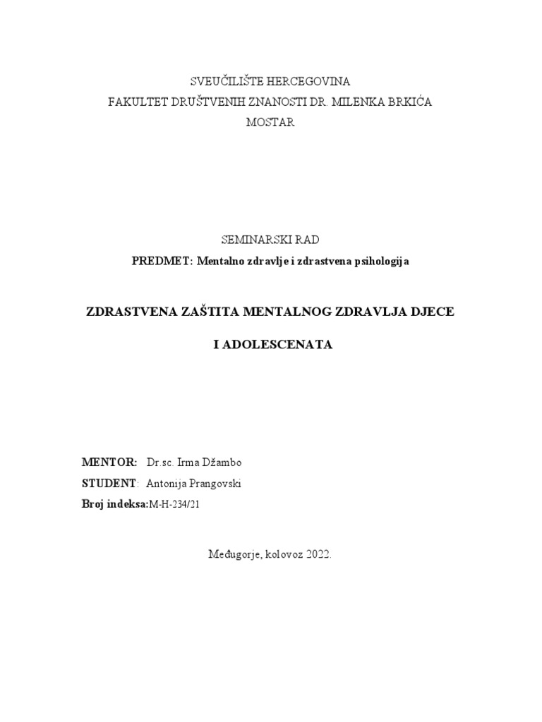 Zdrastvena Zaštita Mentalnog Zdravlja Djece I Adolescenata | PDF