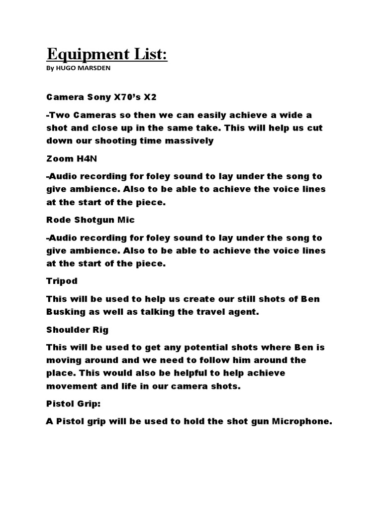 Equipment List Music Video | PDF