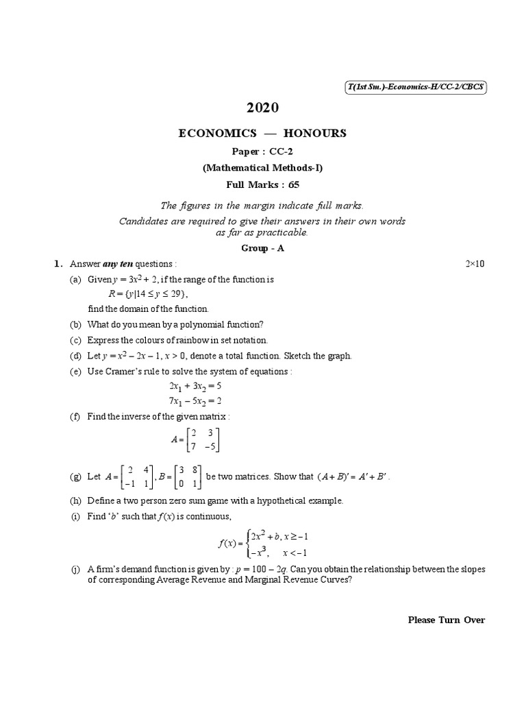CU-2020 B.A. B.Sc. (Honours) Economics Semester-I Paper-CC-2 QP | PDF | Function (Mathematics ...