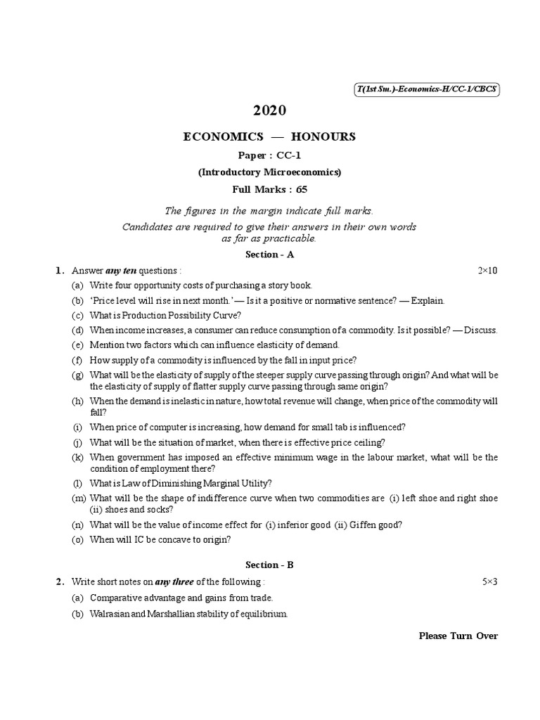 CU-2020 B.A. B.Sc. (Honours) Economics Semester-I Paper-CC-1 QP | PDF | Elasticity (Economics ...