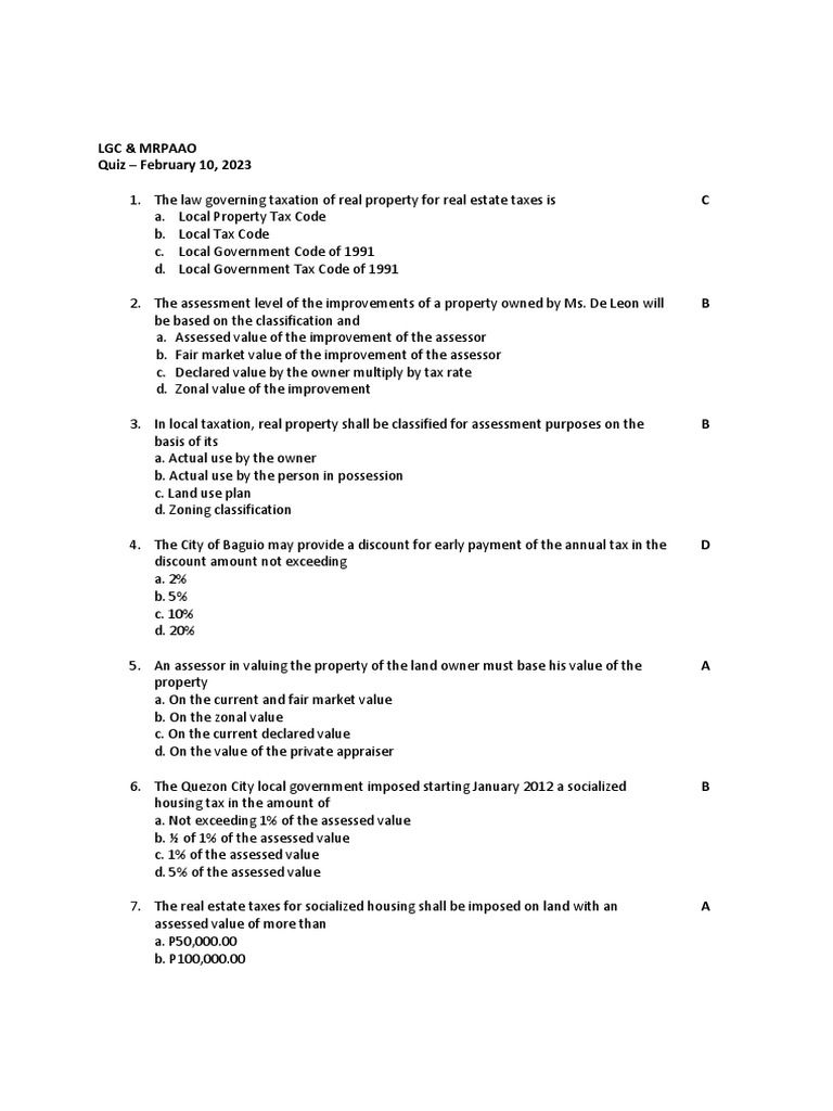 Real Property Tax Quiz Overview | PDF | Property Tax | Taxes