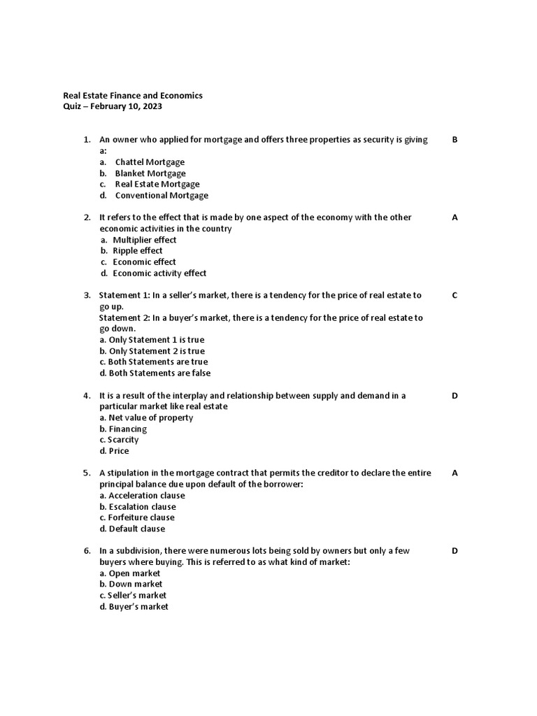 Real Estate Finance and Economics - Quiz - 10feb2023 - Printed | PDF ...