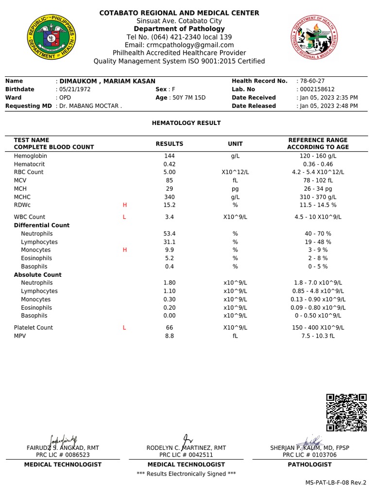 Hematology Result | PDF | Pathology | Clinical Pathology