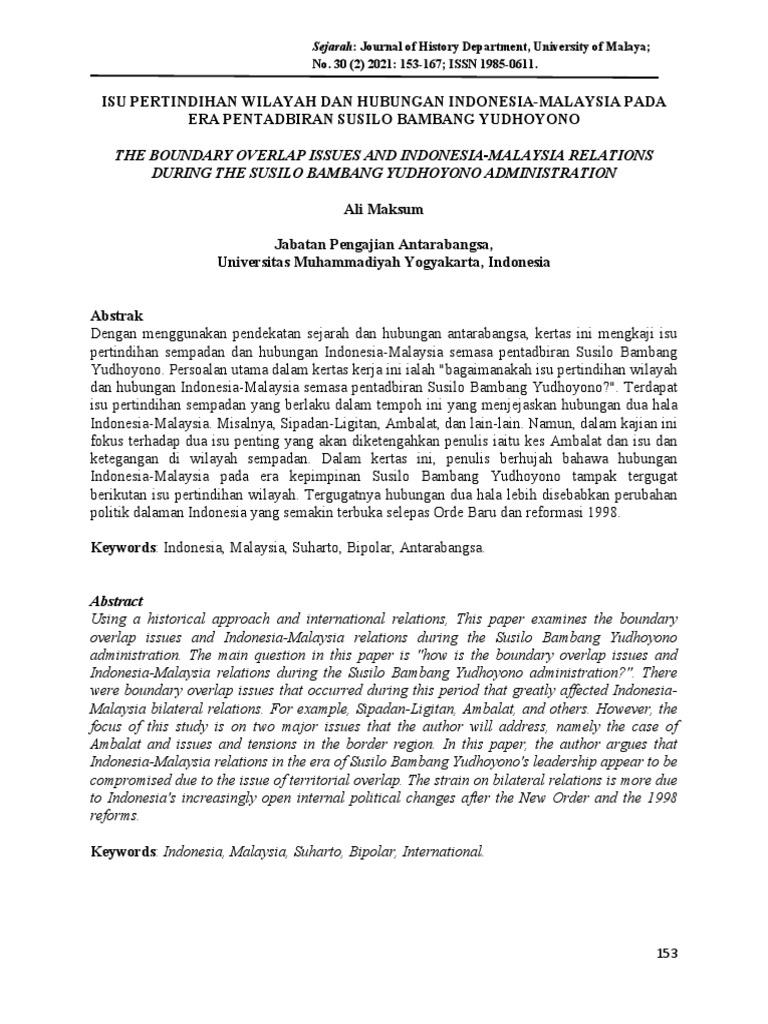 The Boundary Overlap Issues and Indonesia-Malaysia Relations During The Susilo Bambang Yudhoyono ...