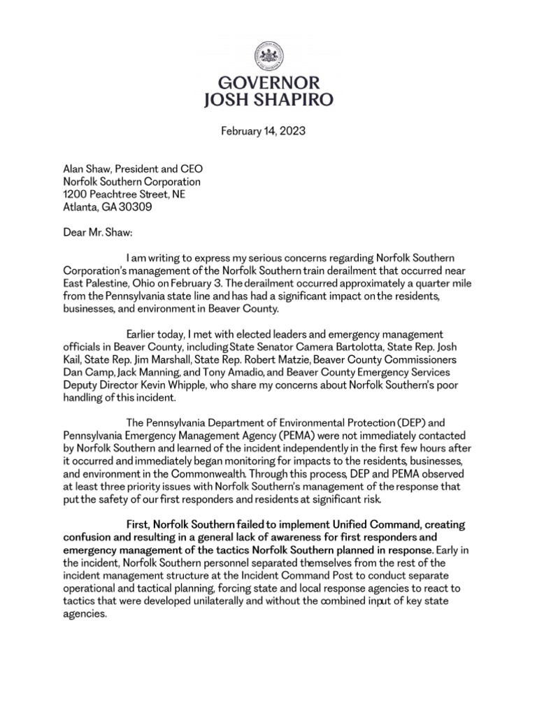 Letter Sent by PA Gov. Josh Shapiro To Norfolk Southern | PDF