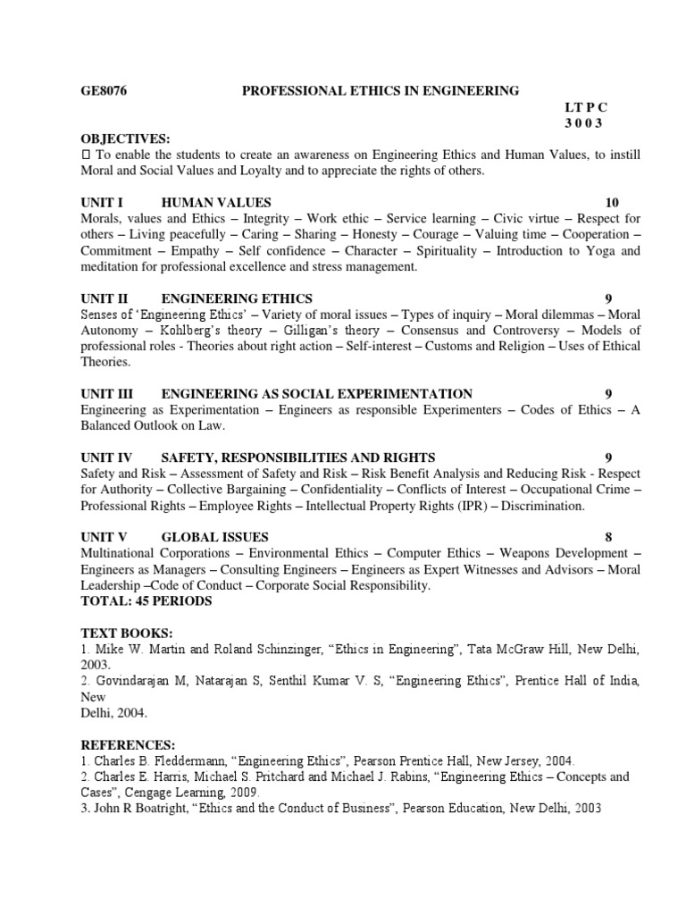 Syllabus - GE8076 PROFESSIONAL ETHICS IN ENGINEERING | PDF