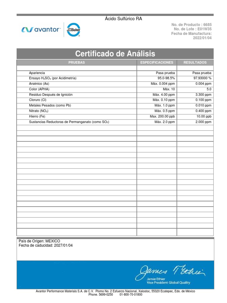 Avantor Certificado | PDF | Química | Química ambiental