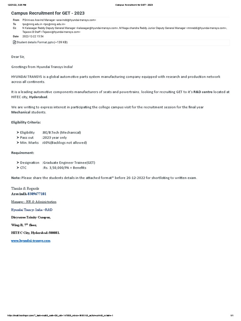 HYUNDAI TRANSYS Official Mail | PDF