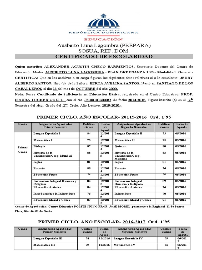 Record de Notas Yeury de Los Santos | PDF