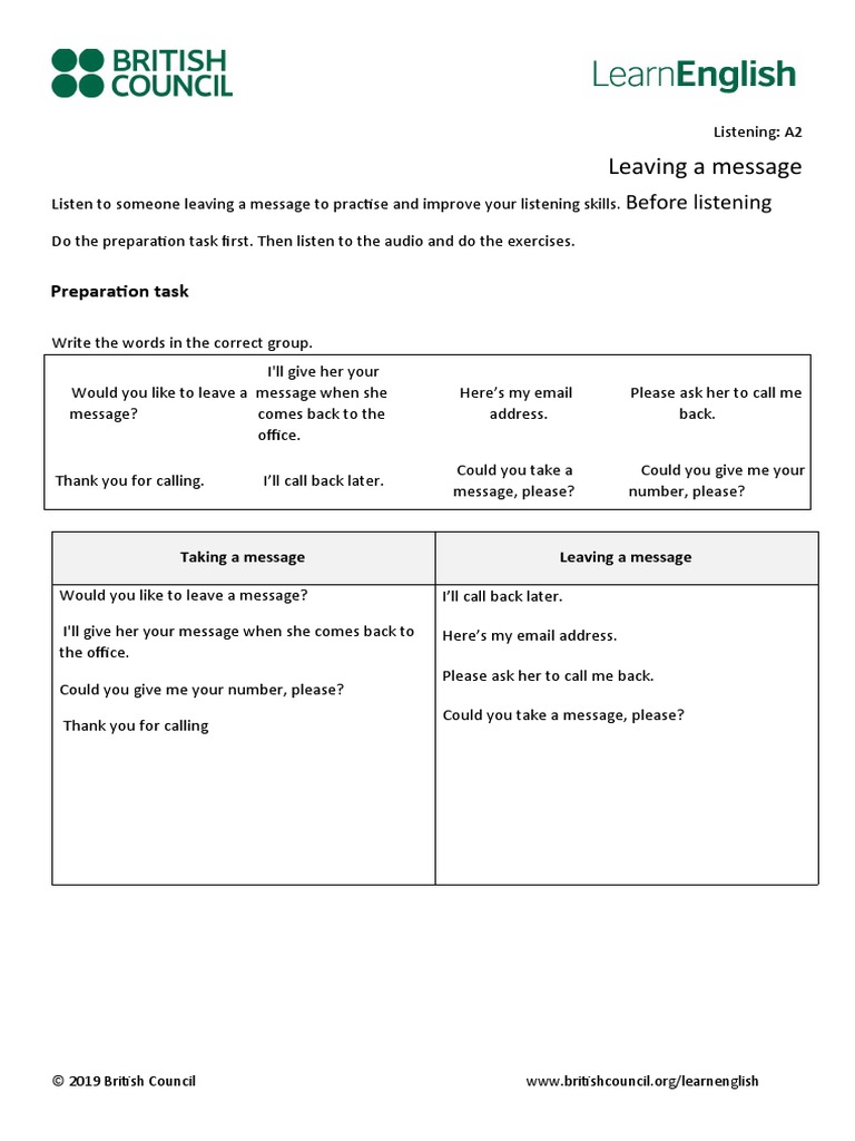Exercise Leaving A Message | PDF | Communication