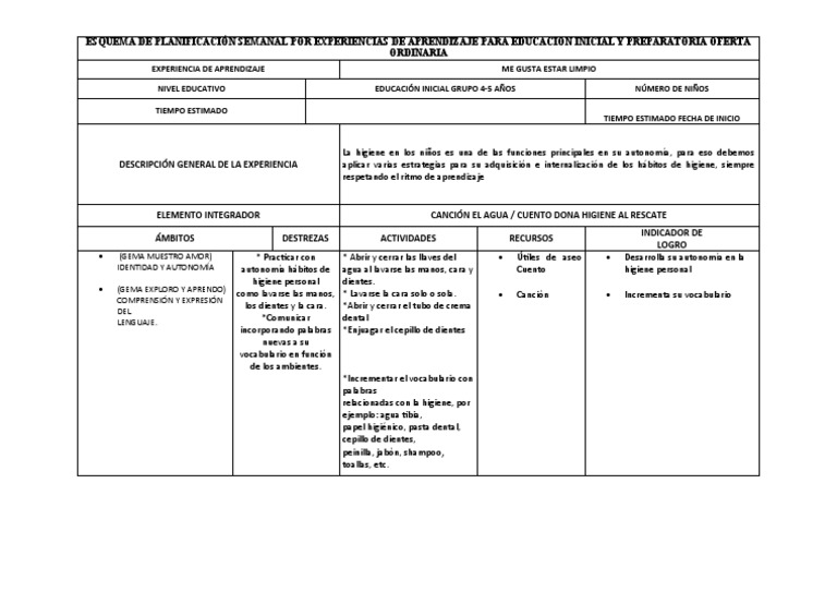 Esquema de Planificación Semanal Por Experiencias de Aprendizaje para Educacion Inicial | PDF