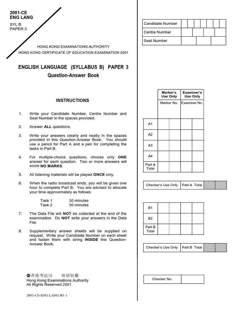 2001 Enlgish Lang Syl.B Paper 3 With Sugg. Ans. - Tapescript | PDF