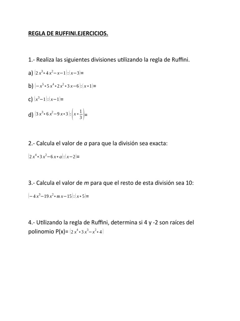 Ejercicios de la Regla de Ruffini | PDF