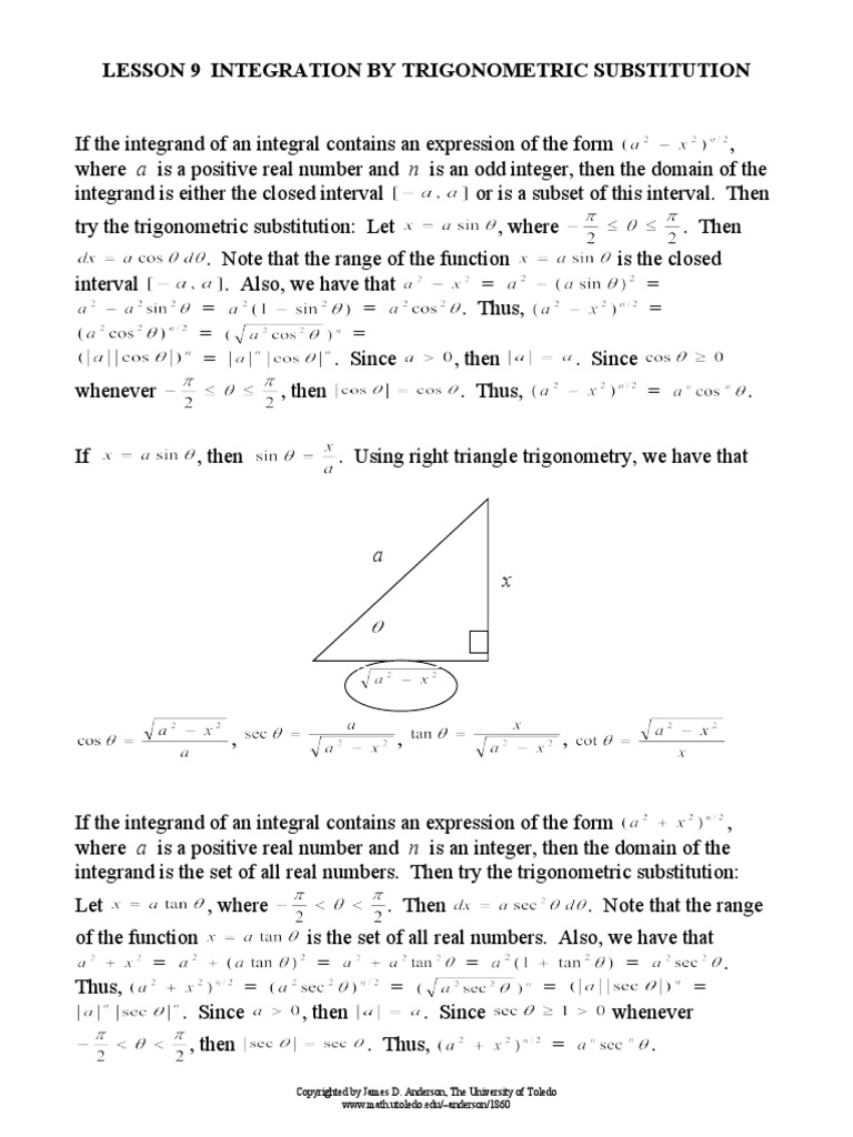 Trigonometric Substitution | PDF | Integral | Trigonometry