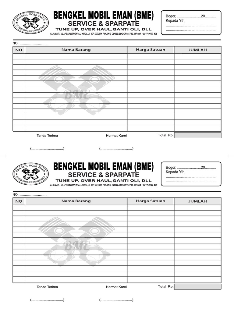 Bengkel Mobil Nota New Cetak | PDF