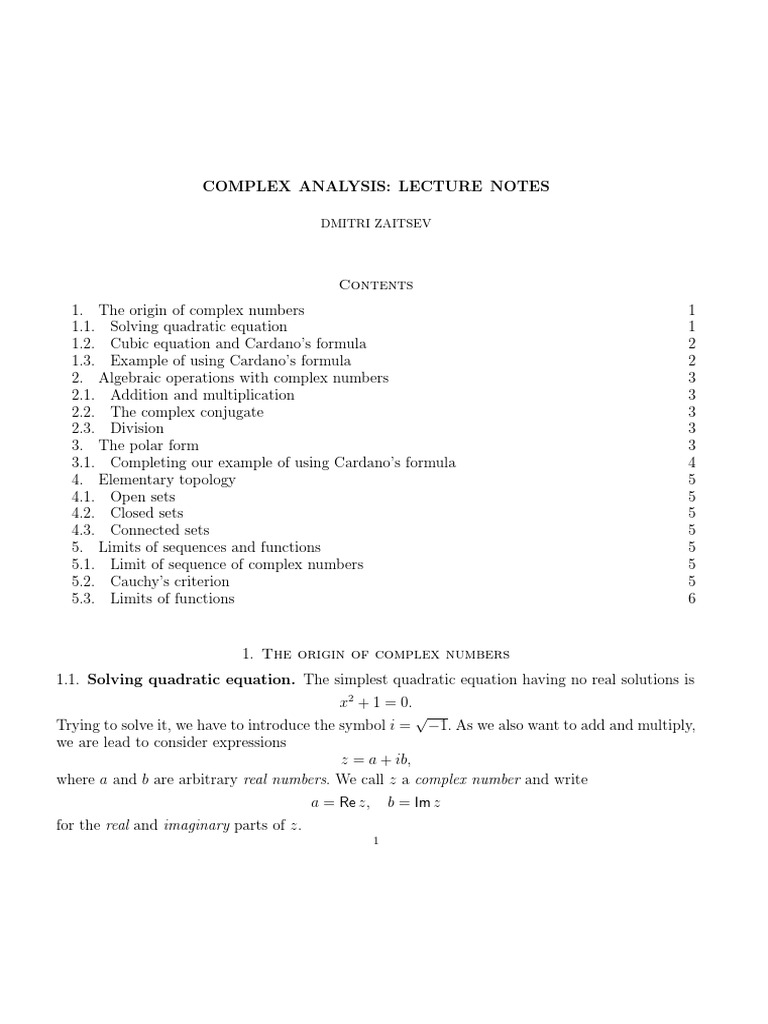 Complex Analysis Lecture Notes by Dmitri Zaitsev, Trinity College ...
