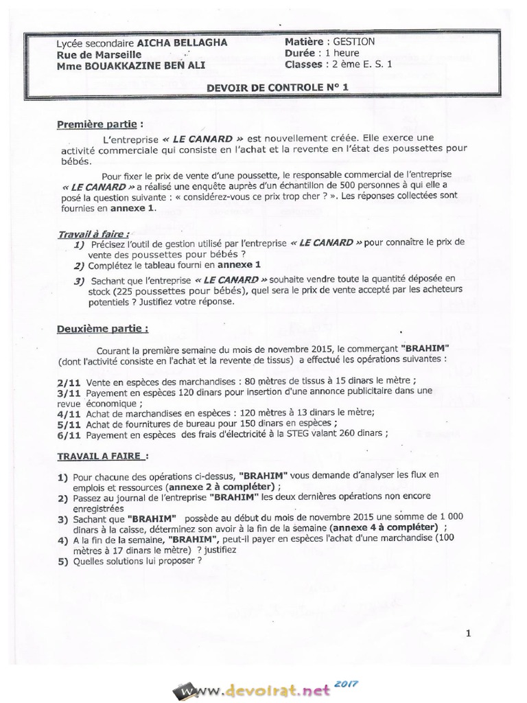 Devoir de Contrôle N°1 - Gestion - 2ème Economie & Services (2015-2016) Mme Ben Ali | PDF