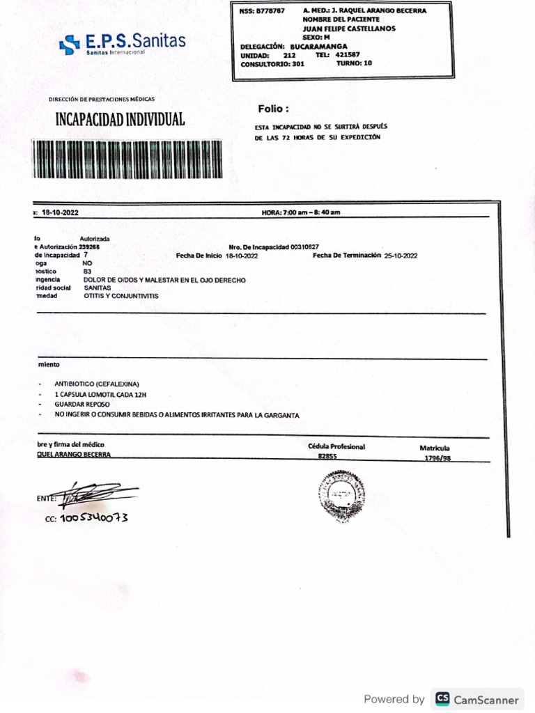 Incapacidad Medica Sanitas | PDF