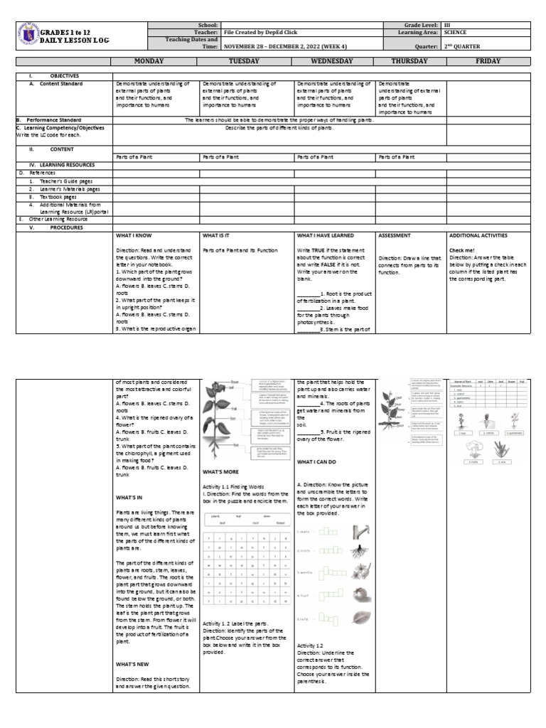 DLL - Science 3 - Q2 - W4 | PDF | Flowers | Leaf