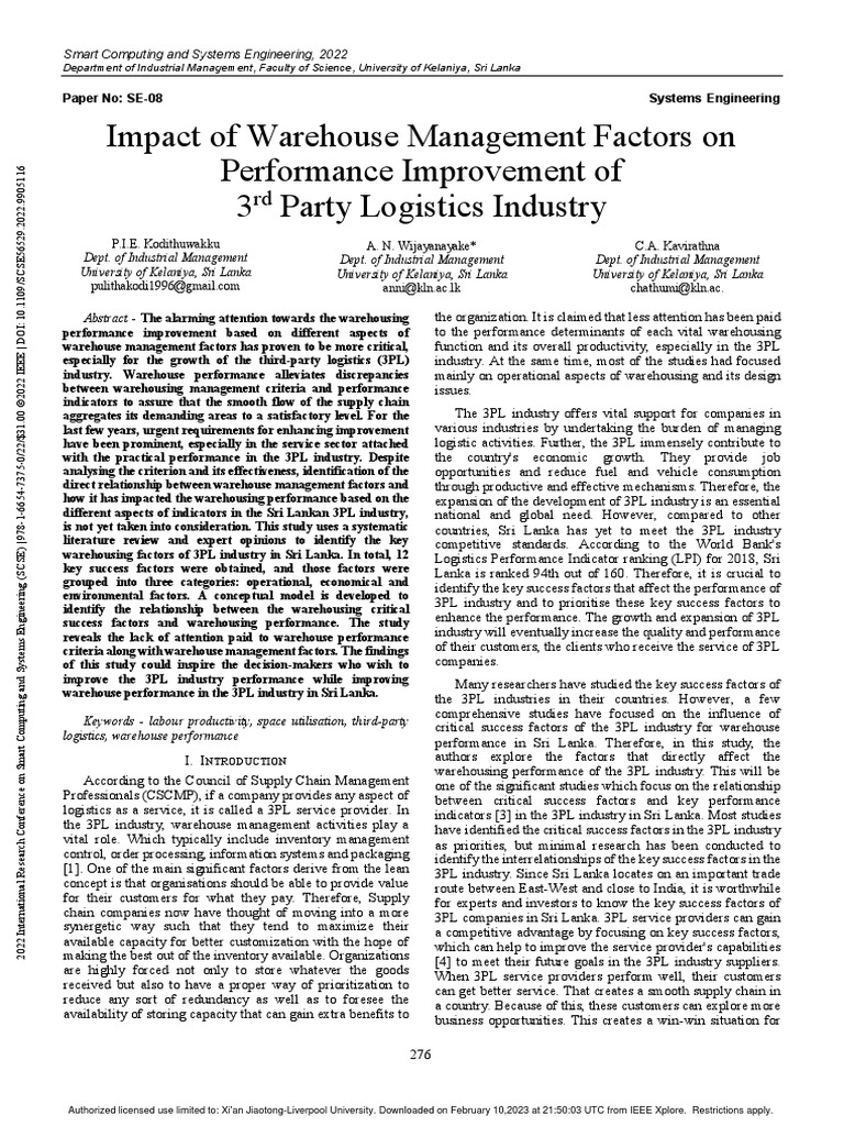 Impact of Warehouse Management Factors On Performance Improvement of 3rd Party Logistics ...